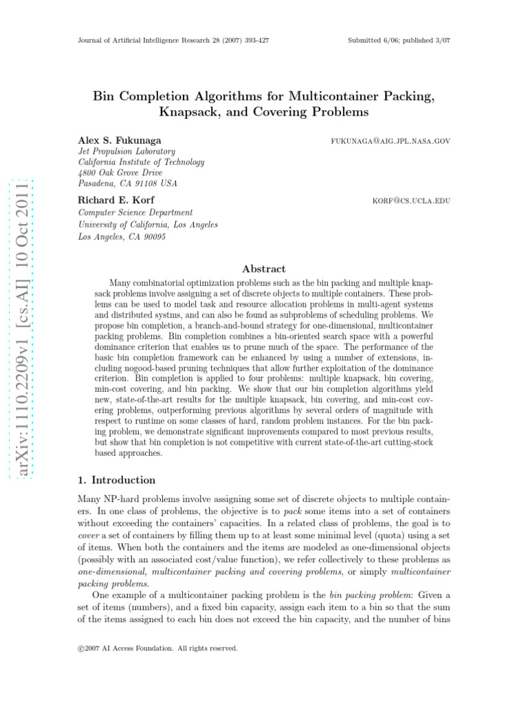 Bin Completion Algorithms For Multicontainer Packing, Knapsack, and Covering Problems | PDF ...