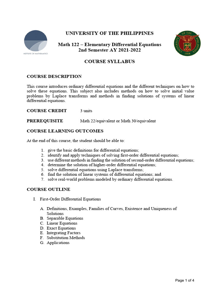Math 122 Course Syllabus | Download Free PDF | Equations | System Of ...