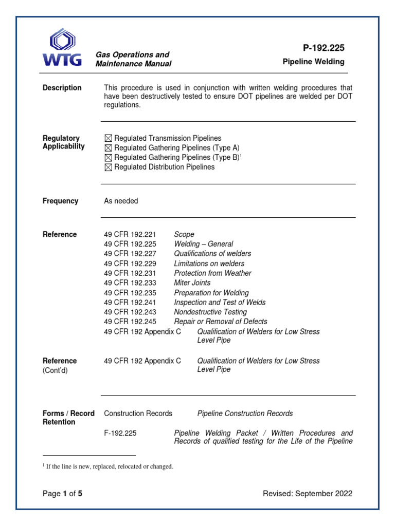 P 192.225 Pipeline Welding 1 | PDF | Welding | Construction