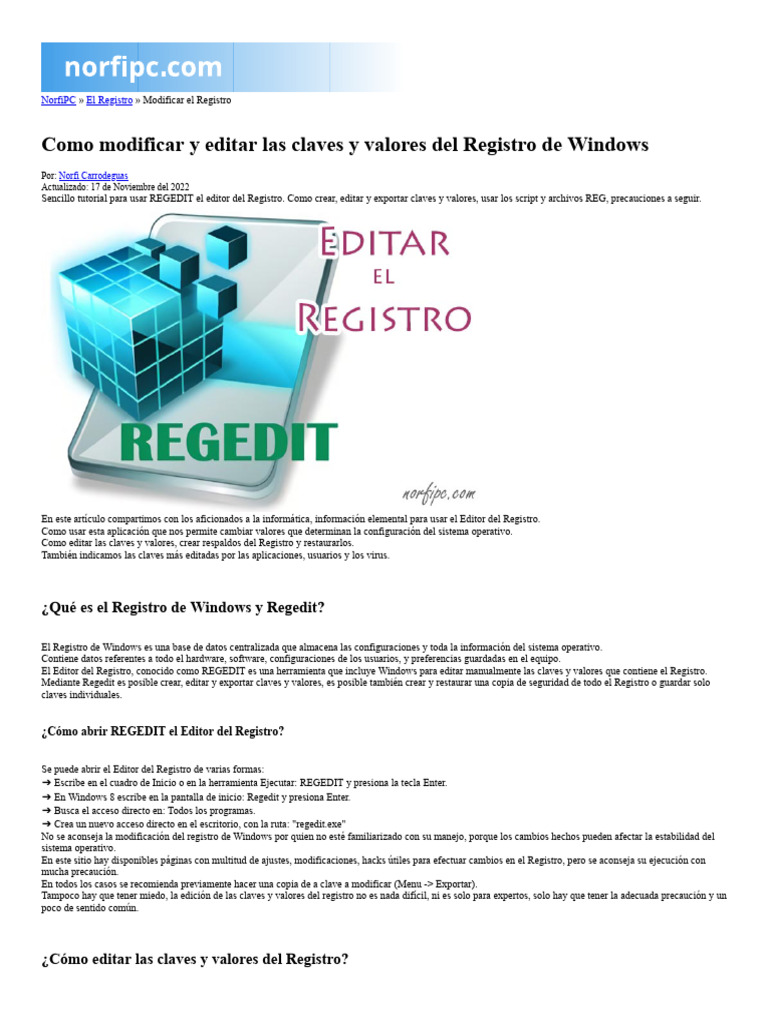 Como Modificar y Editar Claves y Valores Del Registro de Windows | PDF ...