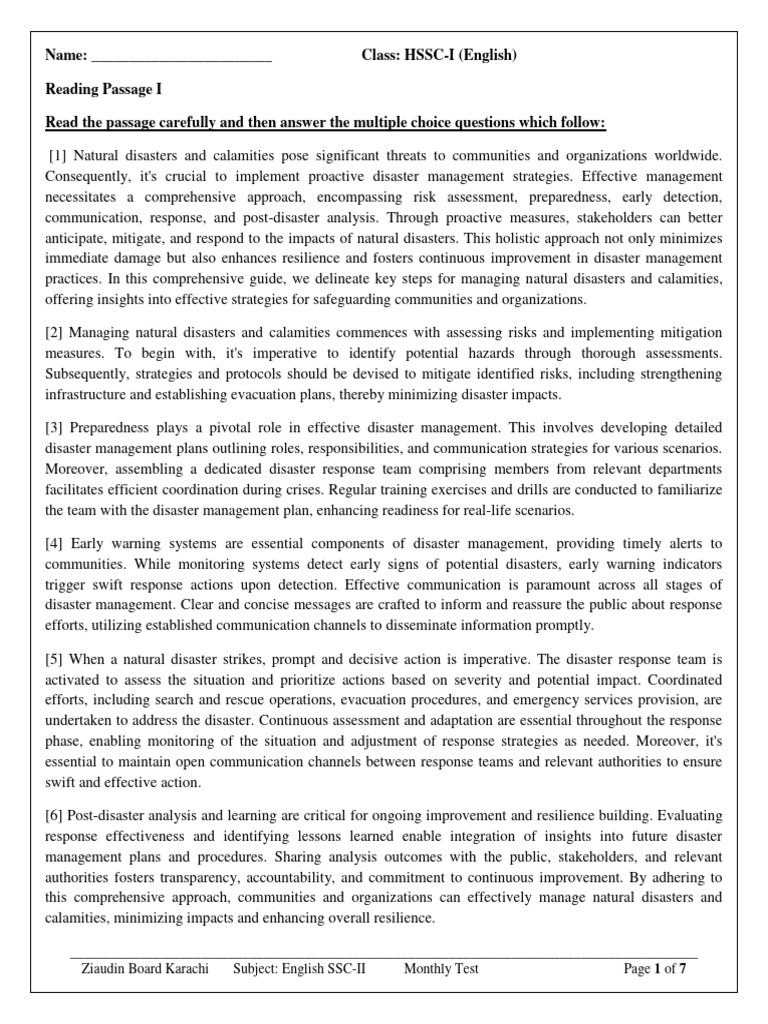 Reading Comprehension SSC-II Ziaudin Board | PDF | Emergency Management ...