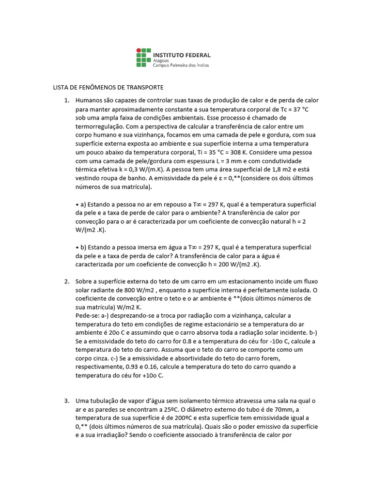 Lista Tranf Calor Massa Cinematica | PDF | Transferência de calor | Calor