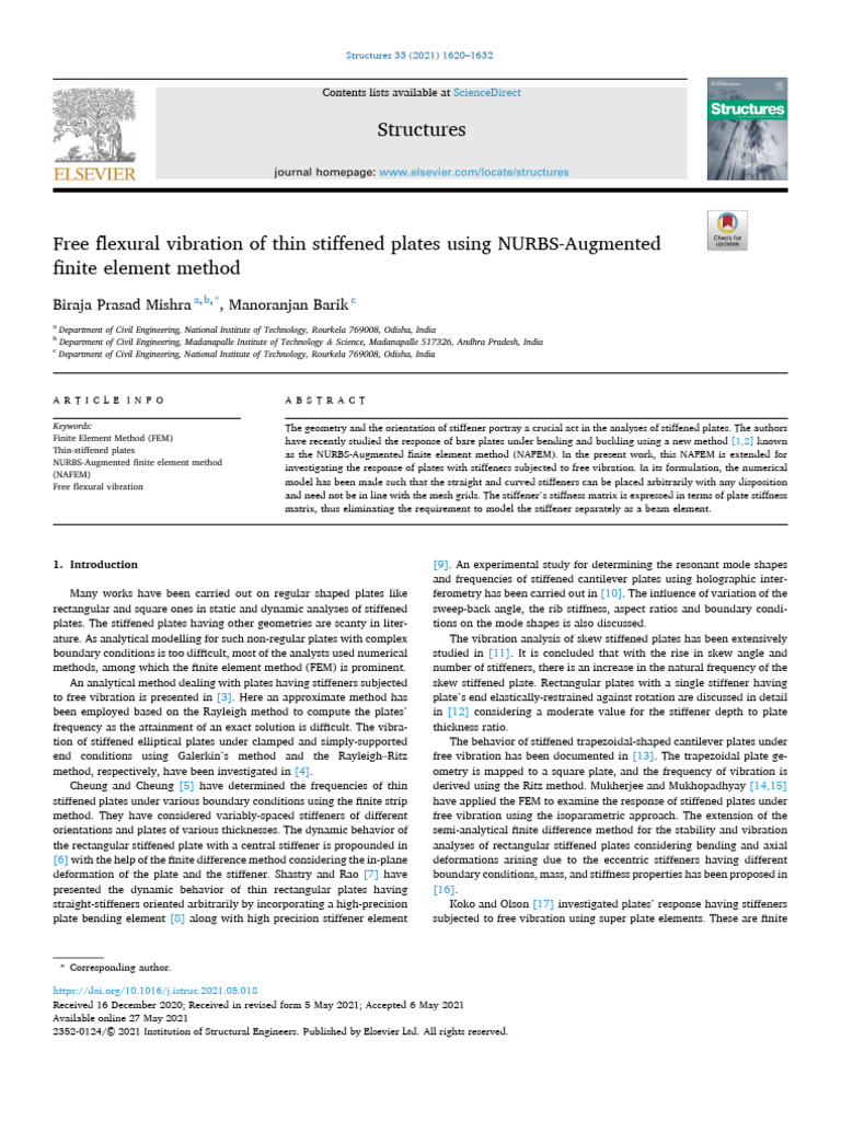 2021 Free Flexural Vibration Of Thin Stiffened Plates Using Nurbs