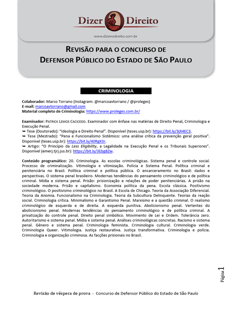 2023.02. DOD. Revisão. Criminologia. DPESP | PDF | Criminologia | Direito Penal