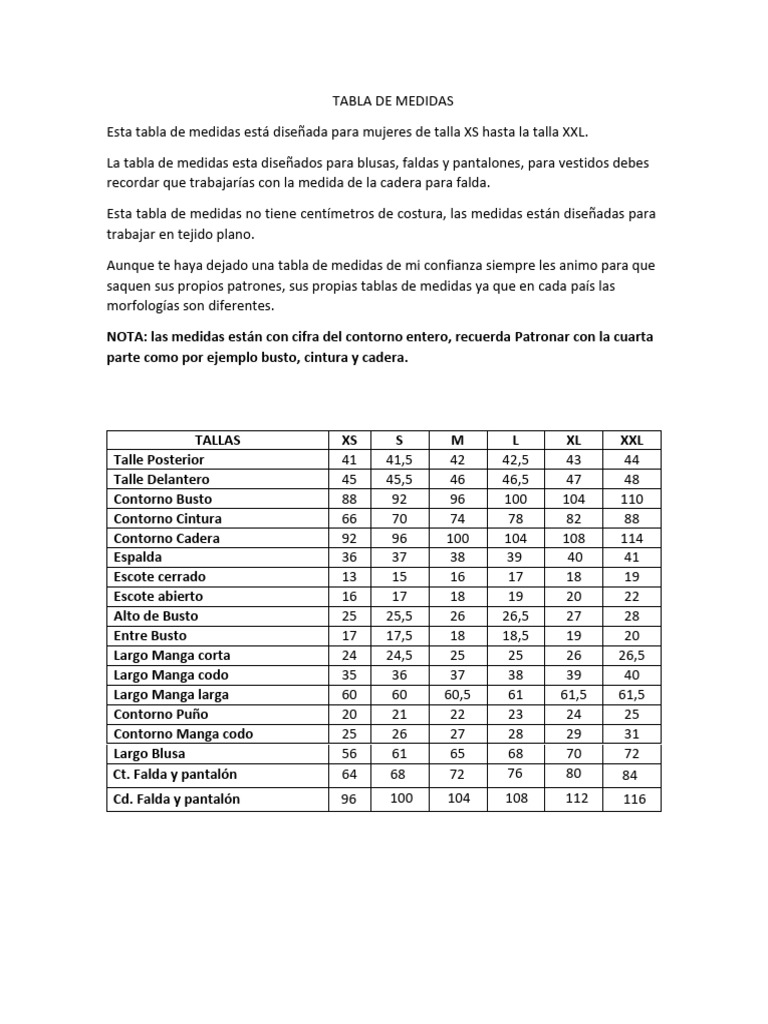 Tabla de Medidas para Mujeres XS-XXL | PDF