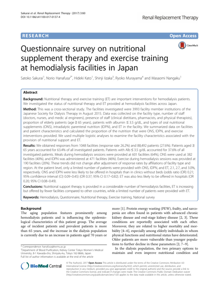 Questionnaire Survey On Nutritional Supplement The | PDF | Hemodialysis ...