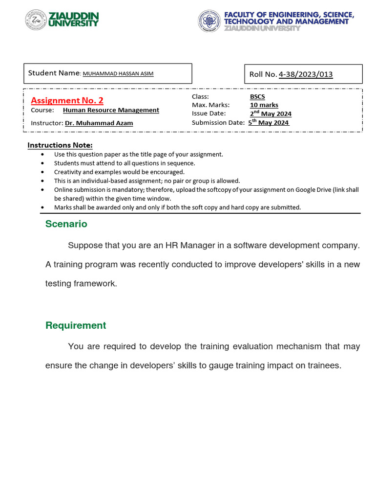 Hrm Bscs Zufestm - Spring 24 Assignment 2 (1) | PDF | Cognitive Science | Behavior Modification
