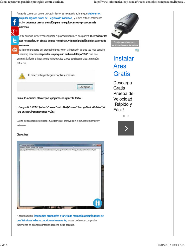 Cómo reparar pendrive protegido | PDF | Memoria USB | Registro de Windows