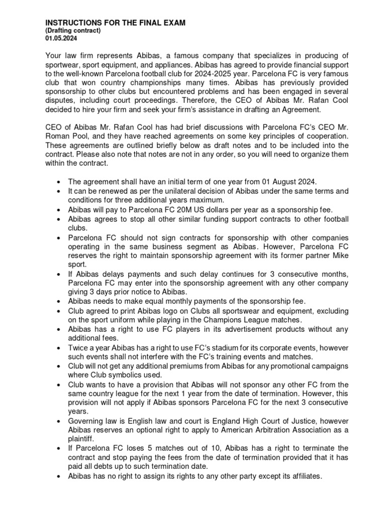 Final Exam Instructions (Drafting Contract) Spring 2024 | PDF | Adidas | Fc Barcelona