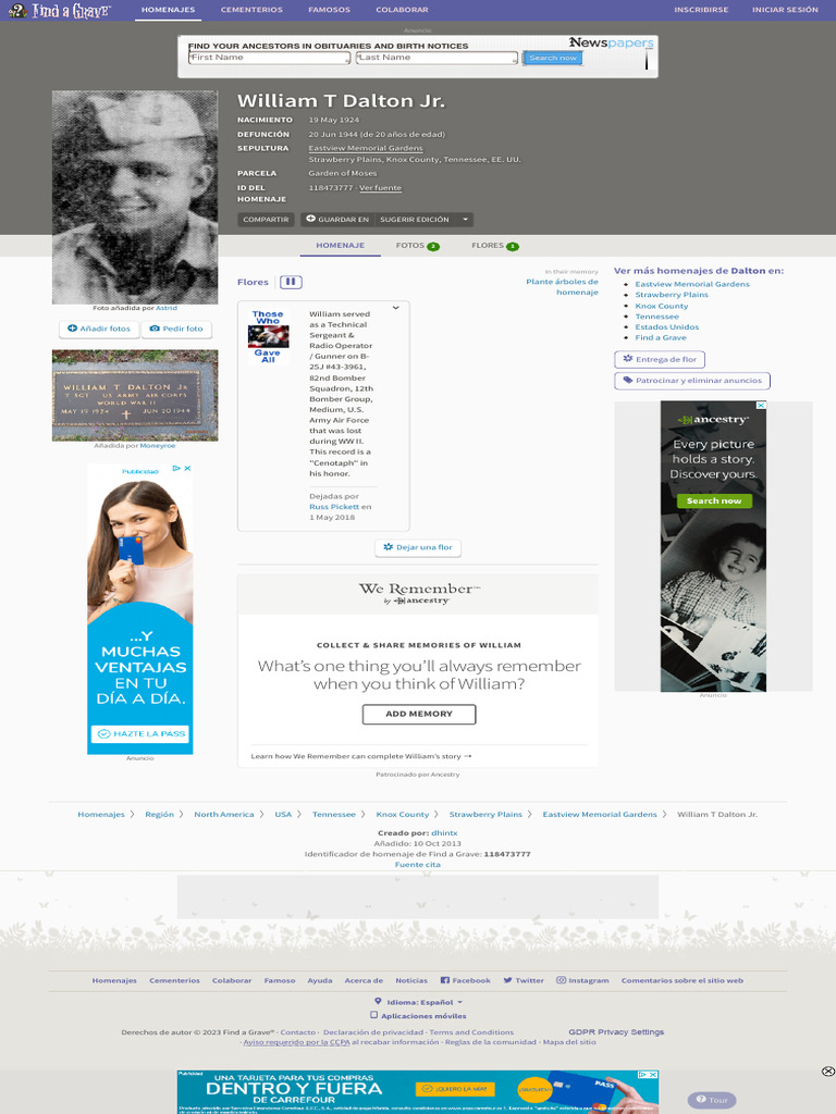 William T Dalton Jr. (1924-1944) : Homenaje de Find A Grave | PDF