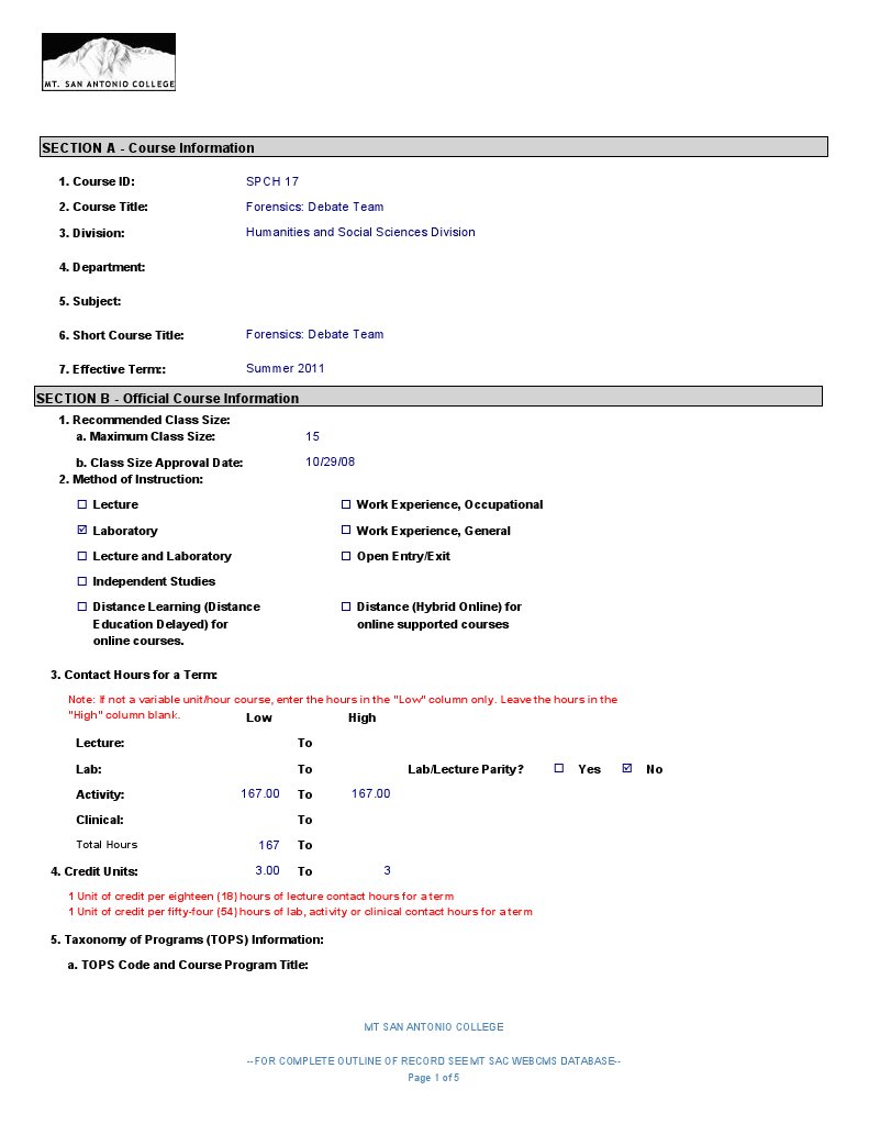 SECTION A - Course Information: SPCH 17 Forensics: Debate Team ...