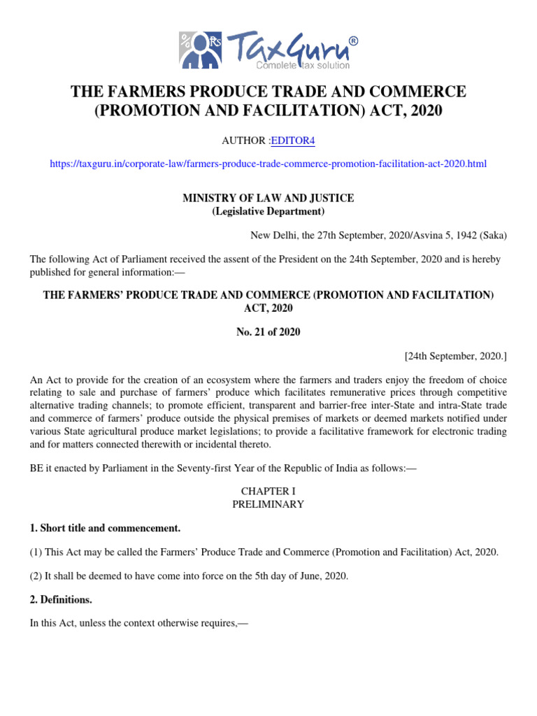 The Farmers Produce Trade and Commerce (Promotion and Facilitation) Act ...