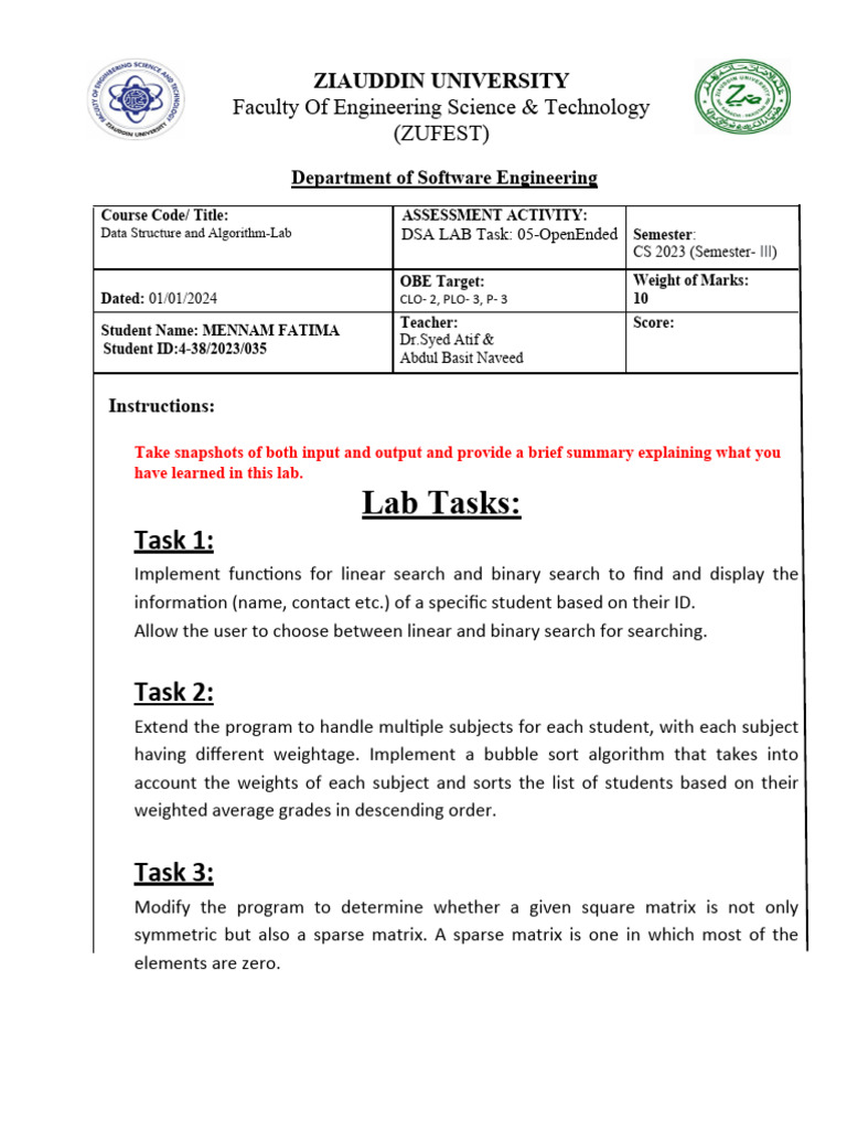 DSA_LAB_05_OpenEnded | PDF | Matrix (Mathematics) | Time Complexity