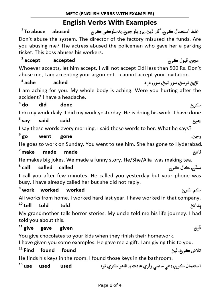 English Verbs 40 Verbs Pdf