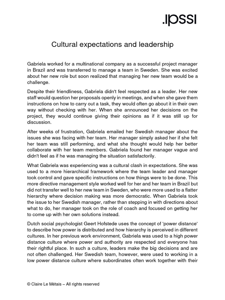 Cultural expectations and leadership | PDF | Leadership | Behavioural ...