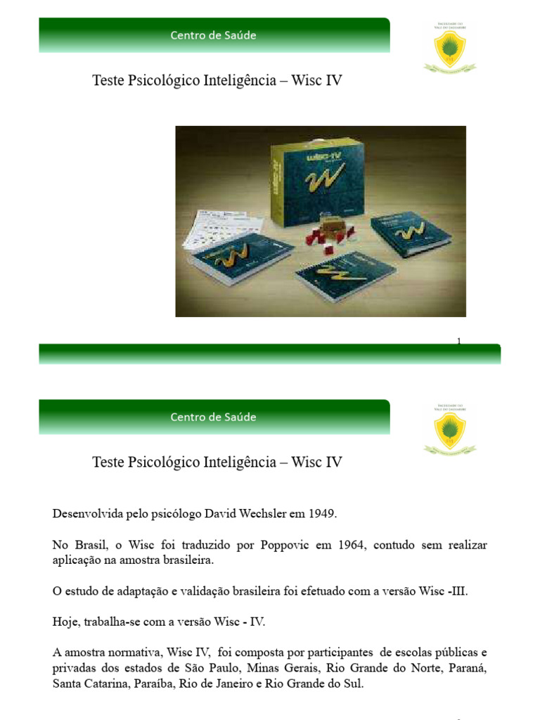 Avaliação de Inteligência - Wisc - IV | PDF | Testes psicológicos ...