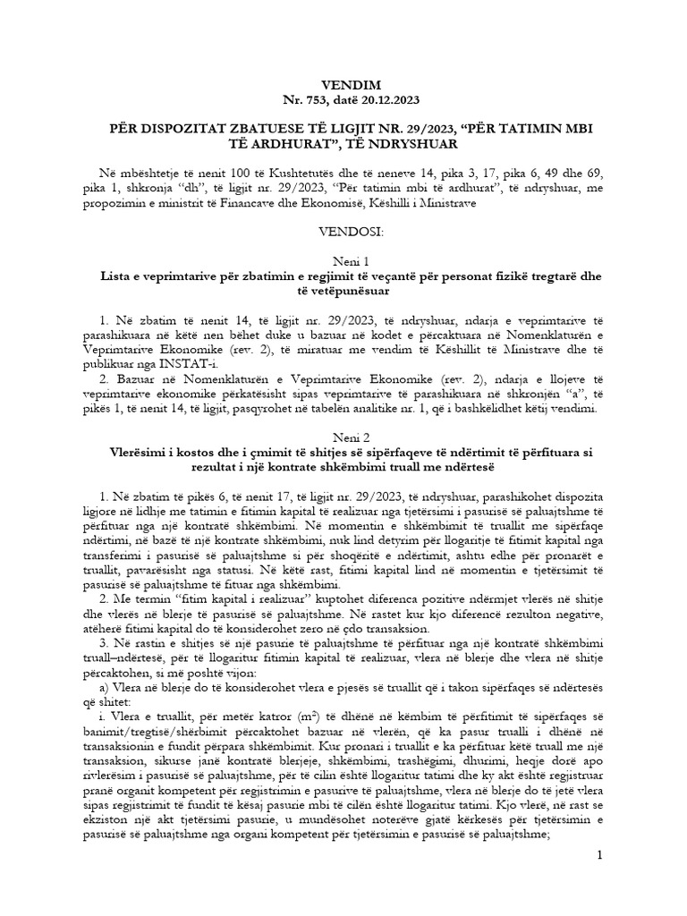 VKM Nr.753, Datã 20.12.2023 PÃ R Dispozitat Zbatuese Tã Ligjit Nr. 29 2023, PÃ R Tatimin Mbi Tã ...