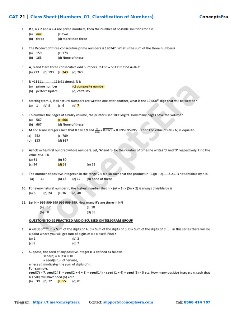 CE CAT21 Numbers 01 Classification | PDF | Field (Mathematics) | Combinatorics