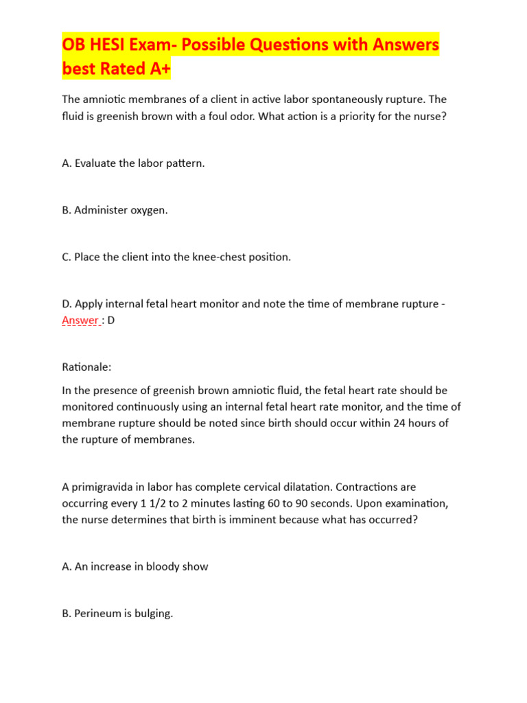 OB HESI Exam - Possible Questions | PDF | Pregnancy | Childbirth