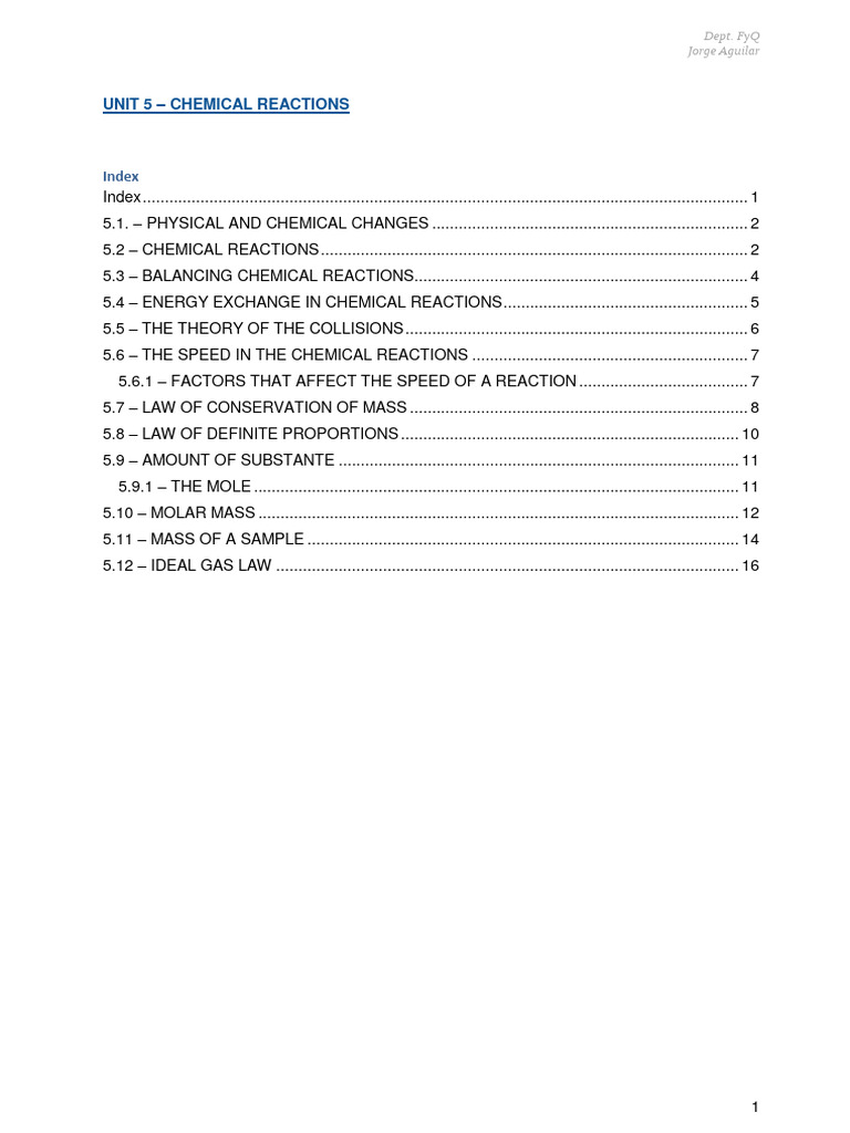 Unit 5 - Chemical reactions | PDF | Mole (Unit) | Chemical Reactions