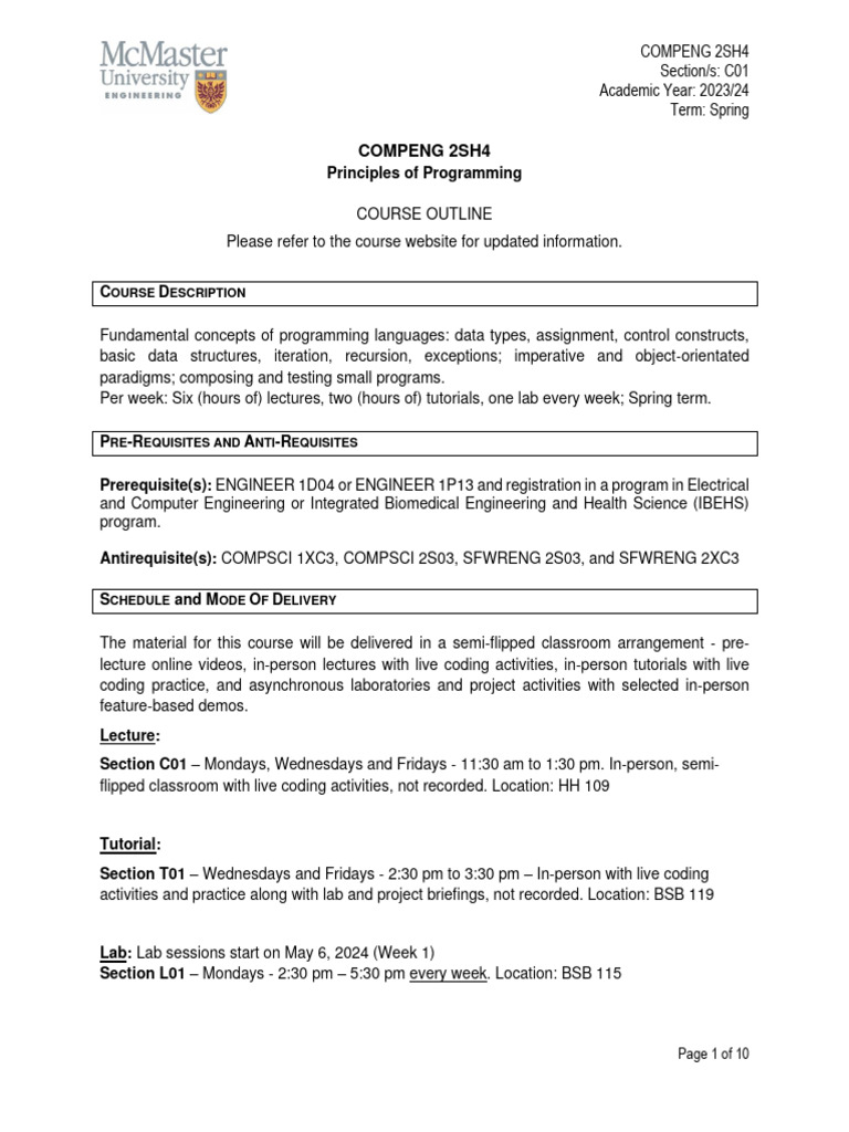 COMPENG2SH4 Course Outline Spring2024 | Download Free PDF | Programming | Computer Program