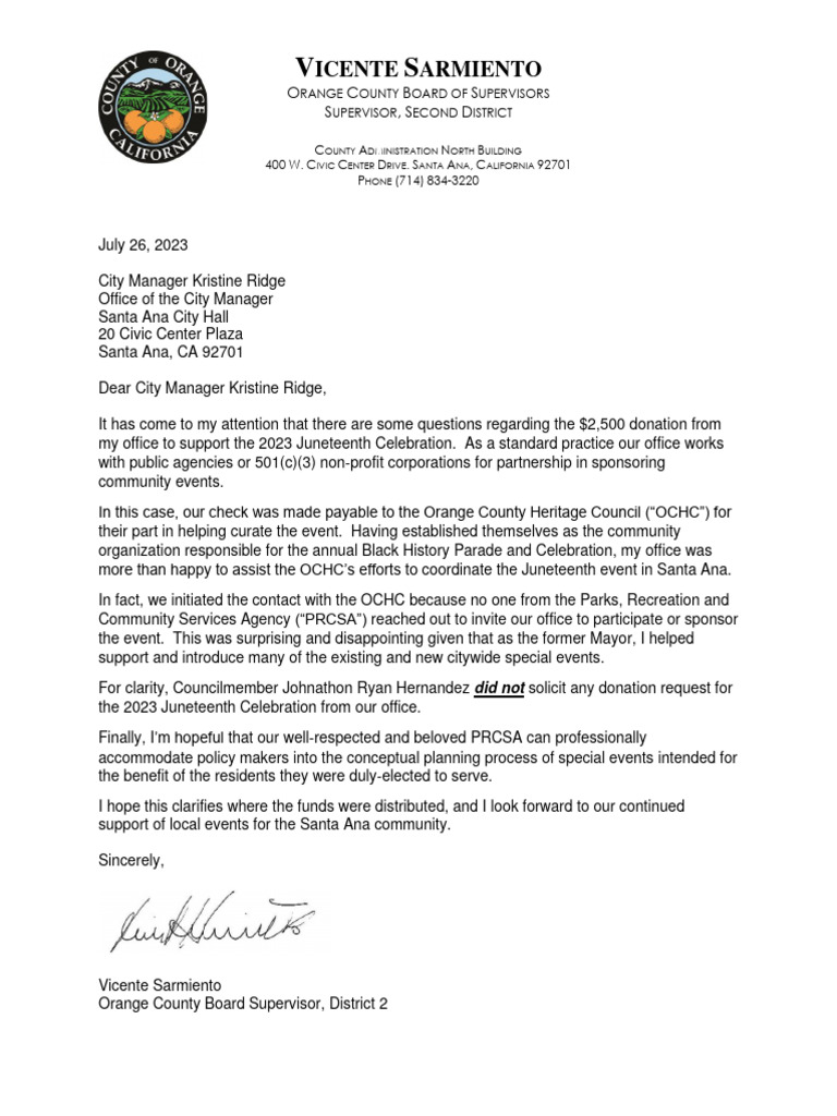 City of Santa Ana - Letter To CMO - Juneteenth Donation | PDF