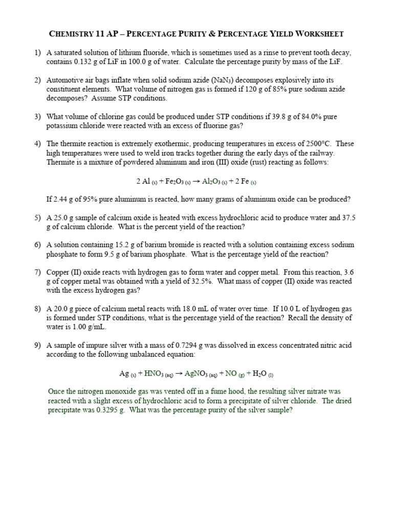 Percentage Purity Percentage Yield Worksheet 14izh - 240508 - 224941 ...