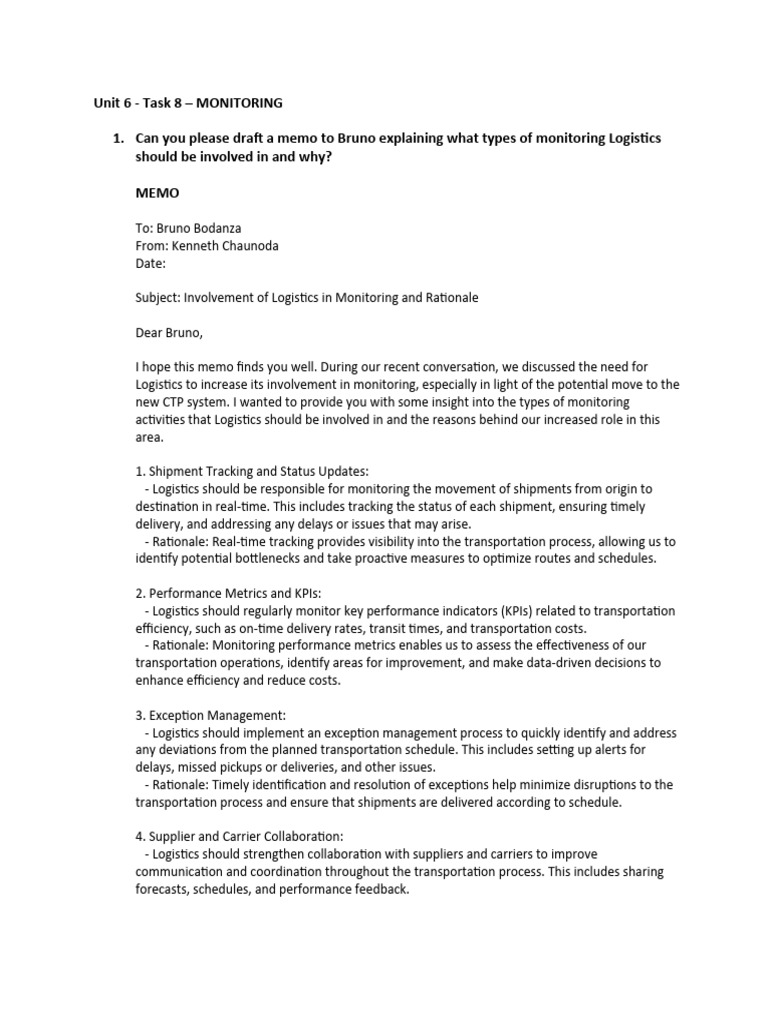 Unit 6 - Task 8 - Monitoring | PDF | Supply Chain | Logistics