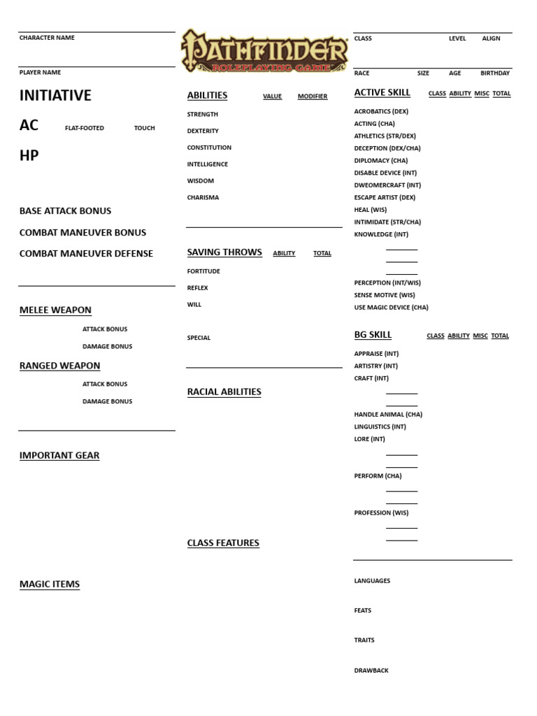 PFRPG 1E - One-Page Character Sheet | PDF | Role Playing Video Games | Role Playing Games