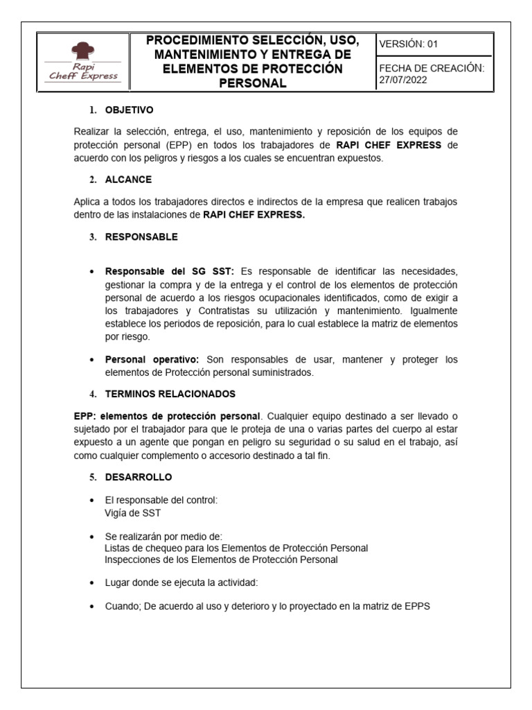 Procedimiento Selección, Uso, Mantenimiento y Entrega de Elementos de Protección Personal | PDF ...