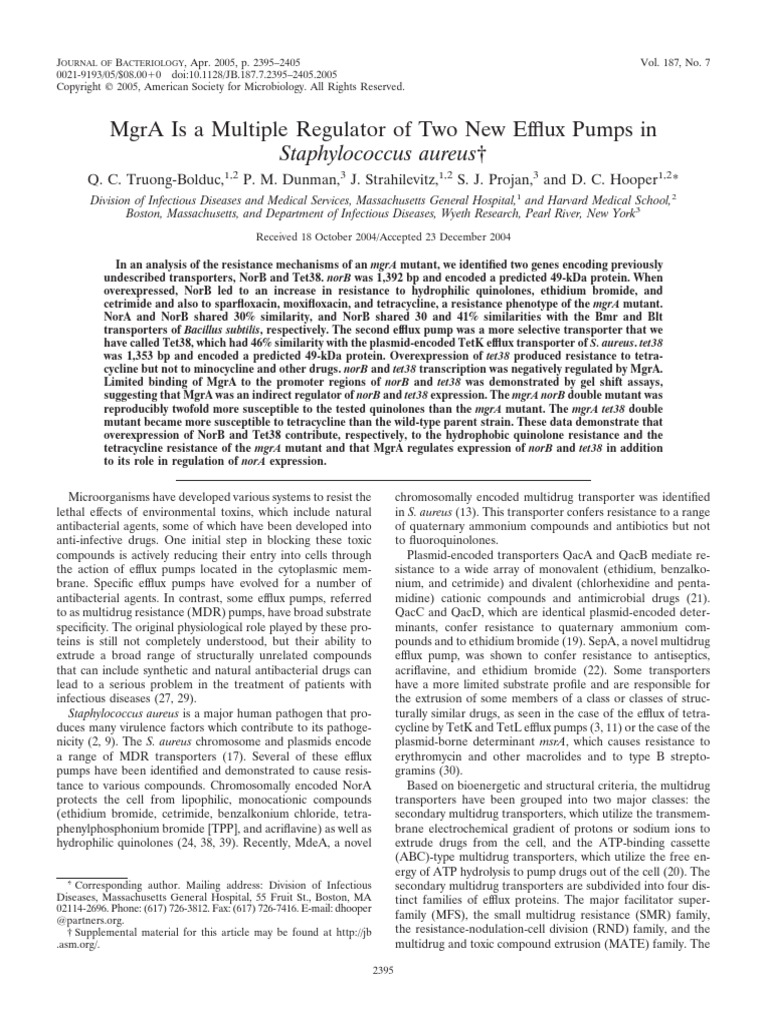 MgrA is a Multiple Regulator of Two New Efflux Pumps in Staphylococcus ...