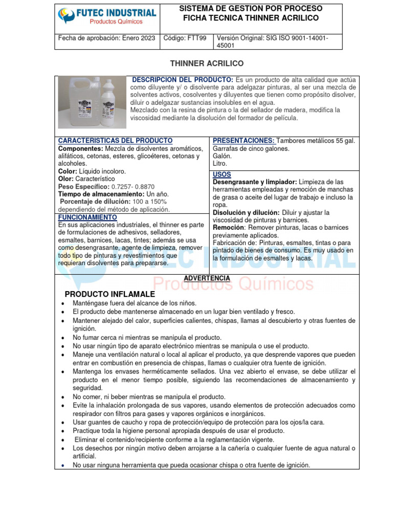 Ficha Técnica Thinner Acrílico | PDF | Pintar | Química