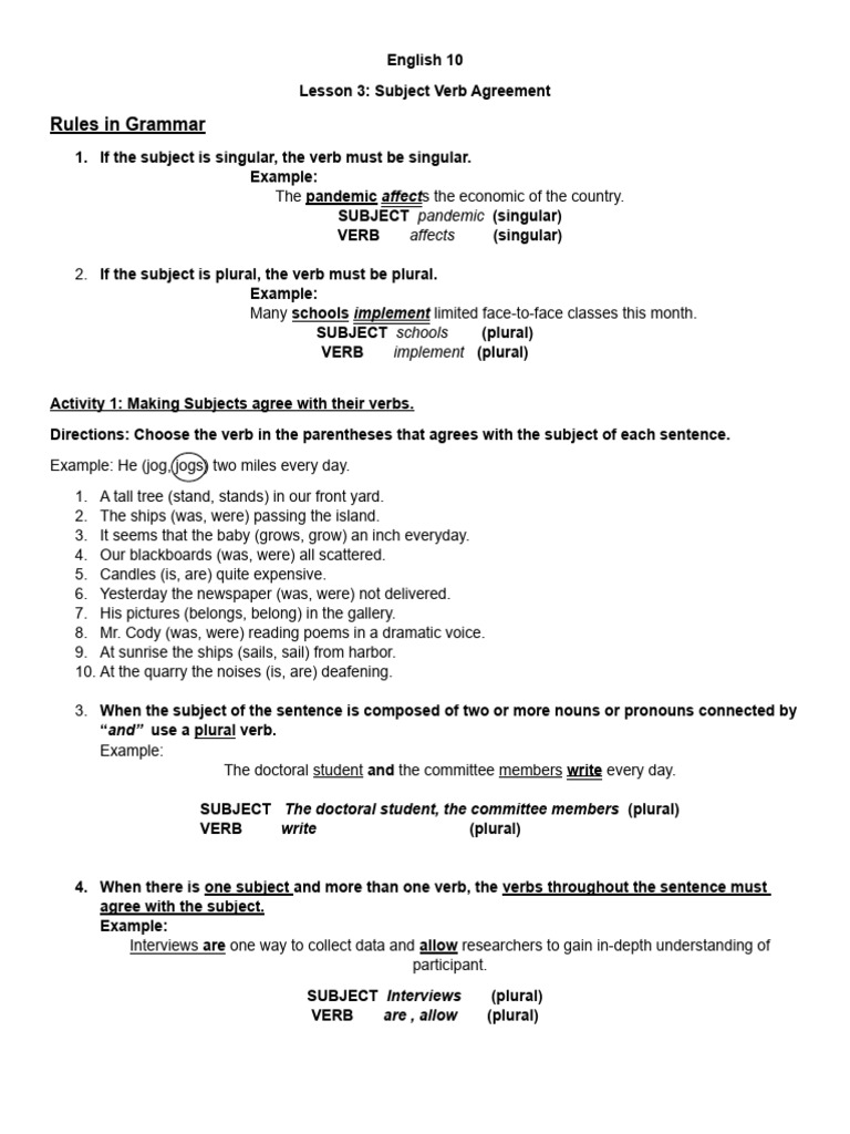 SVA ACTIVITY Sheet | PDF | Subject (Grammar) | Grammatical Number