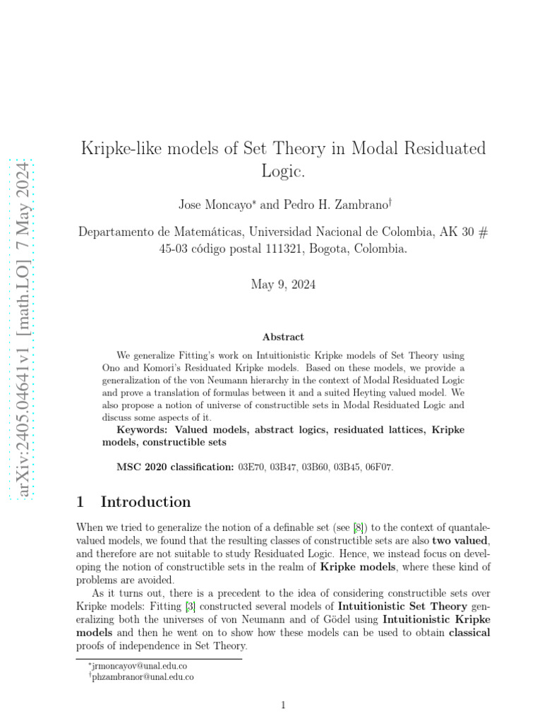 Kripke-Like Models of Set Theory in Modal Residuated Logic | Download Free PDF | Mathematical ...