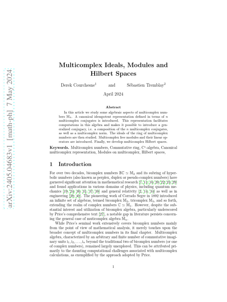 Multicomplex Ideals, Modules and Hilbert Spaces | PDF | Ring (Mathematics) | Complex Number