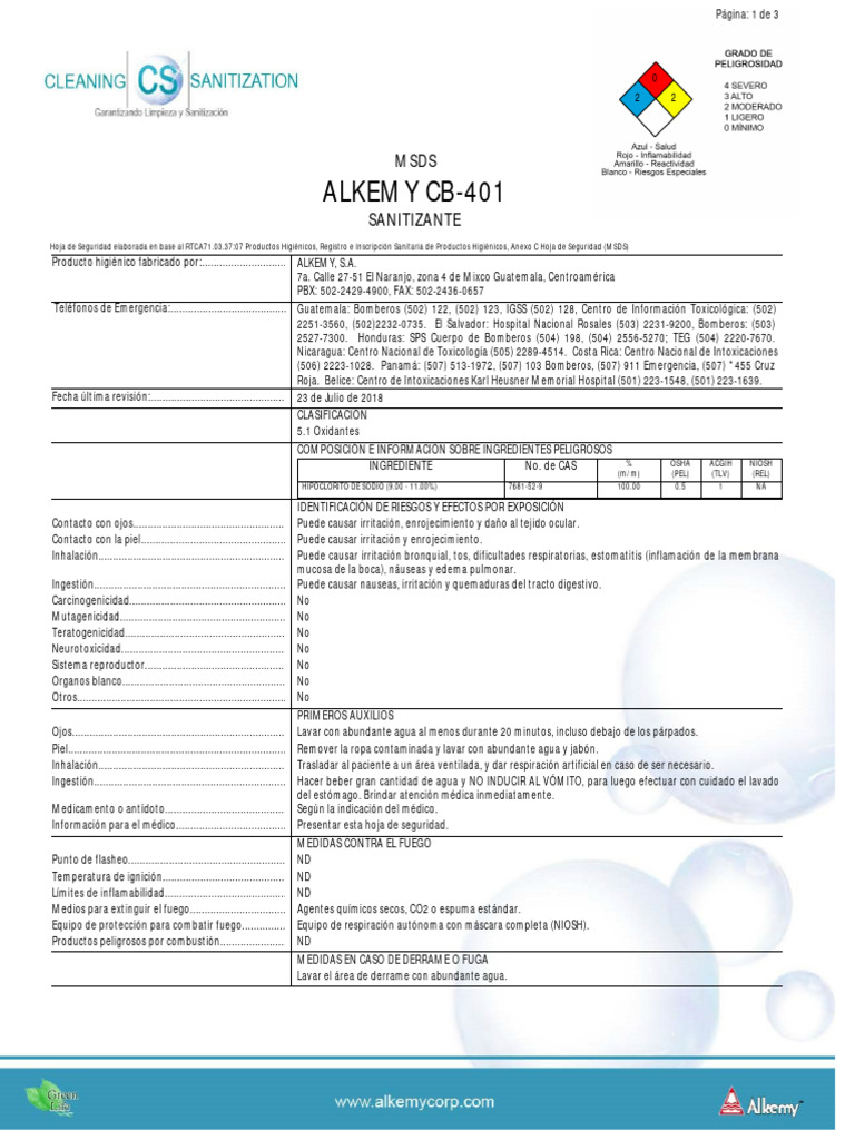 Hoja de Seguridad Alkemy El Salvador | PDF | Hidróxido de sodio | Sal ...