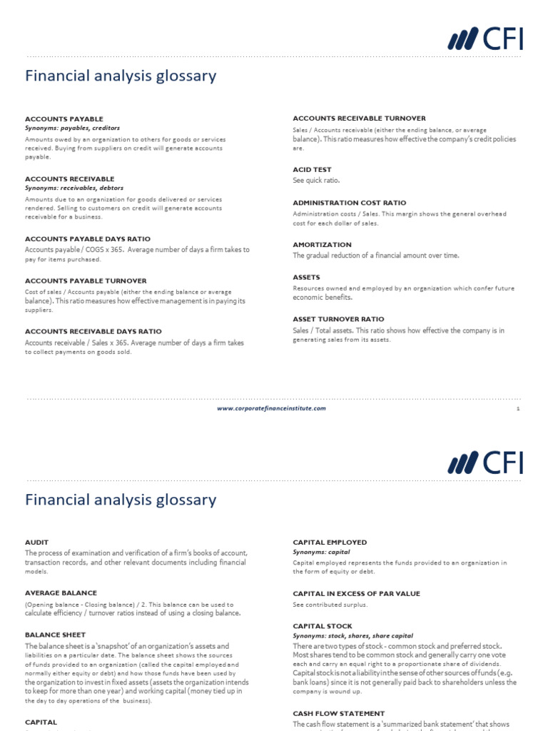 Financial Analysis Glossary Guide | PDF | Book Value | Equity (Finance)