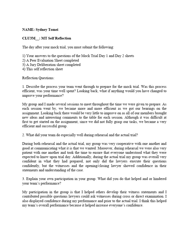 Self Reflection For Mock Trial | Download Free PDF | Witness | Trials