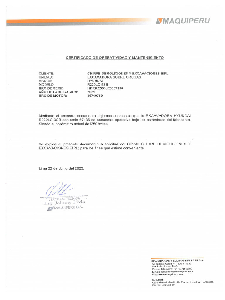 CERTIFICADO OPERATIVIDAD Y MANTENIMIENTO 1250 HRS Hyunday Oruga | PDF