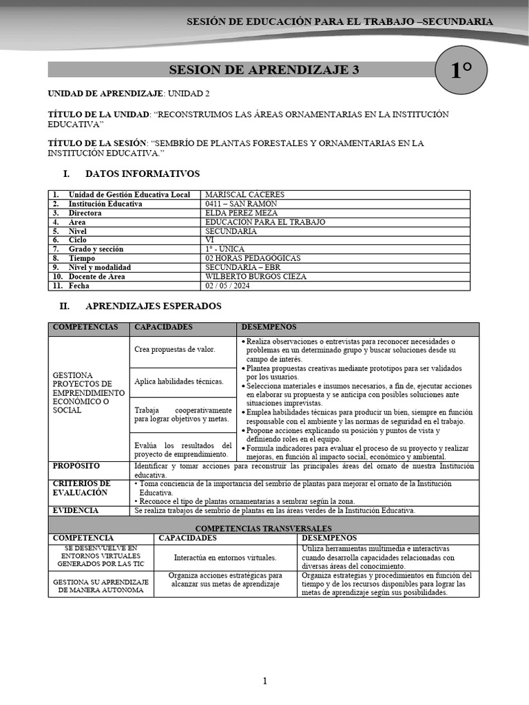 1°grado EPT - Sesión 3 - Unidad 2 - Sembrío de Plantas Forestales y Ornamentarias en La IE | PDF ...