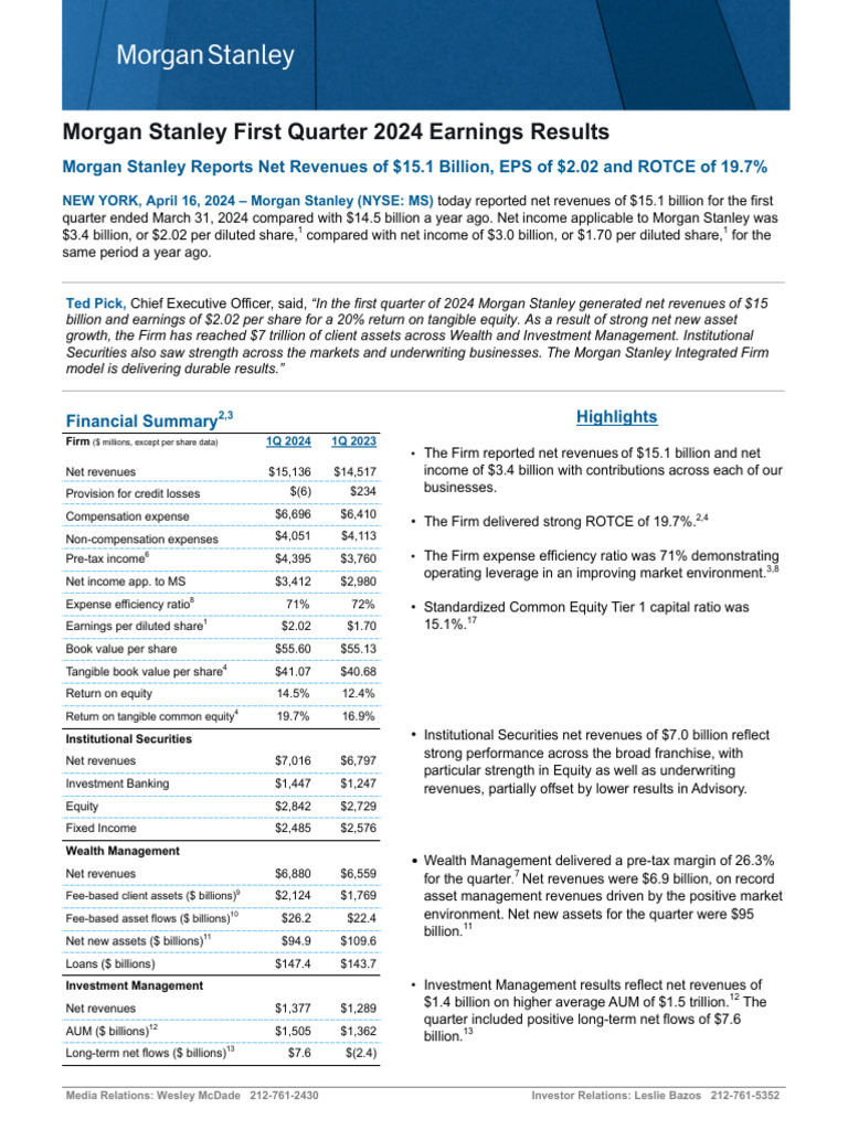 Morgan Stanley First Quarter 2024 Earnings Results | PDF | Revenue | Income Morgan Stanley First Quarter 2024 Earnings Results | PDF | Revenue | Income