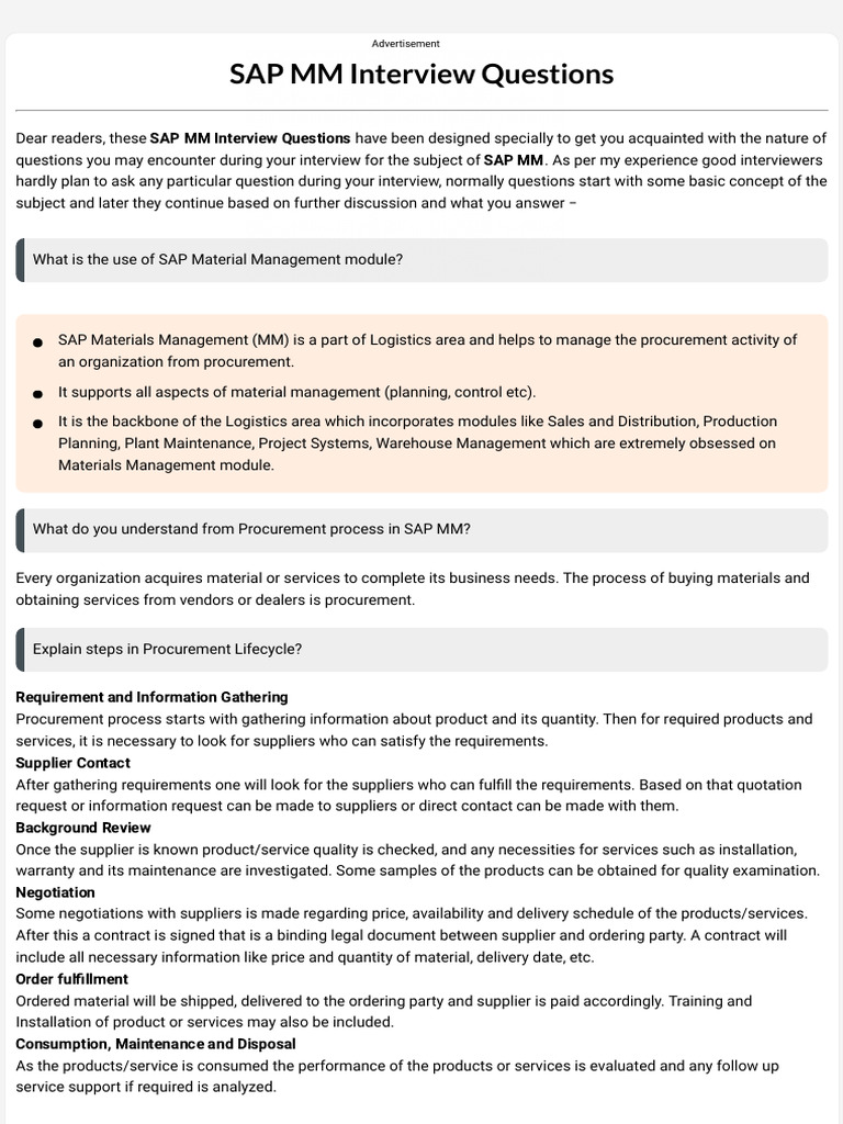 SAP MM Interview Questions | PDF | Procurement | Supply Chain Management