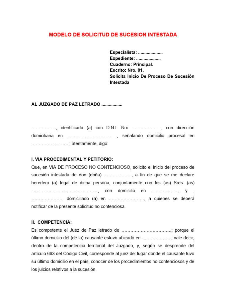 Modelo de Solicitud de Sucesion Intestada | Descargar gratis PDF ...