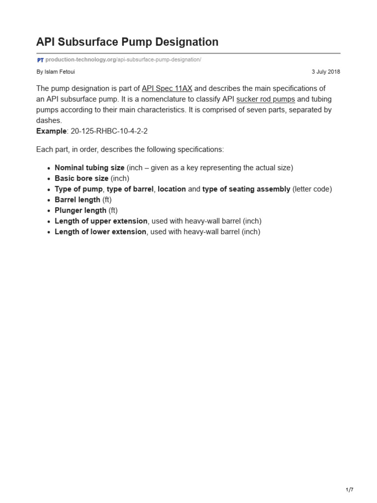 API Subsurface Pump Designation | PDF | Pump | Pipe (Fluid Conveyance)