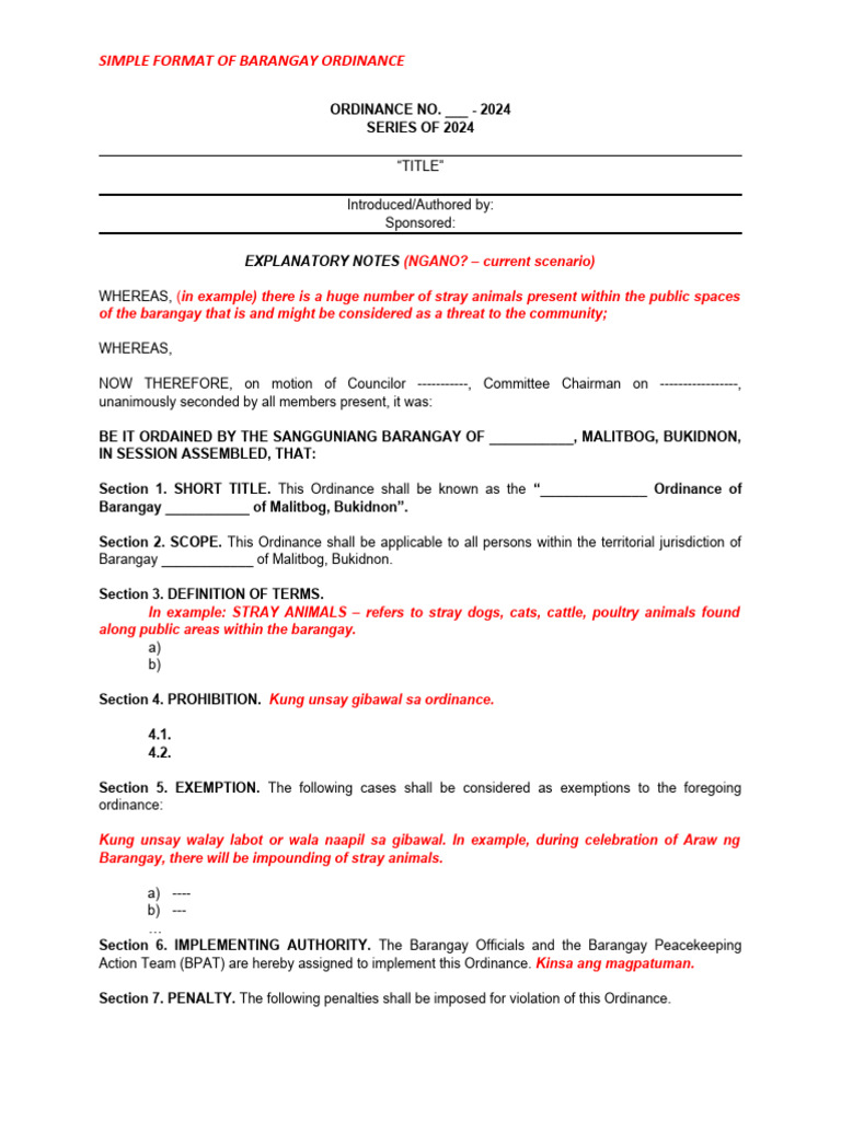 Barangay Ordinance Sample Template 2024 | PDF | Common Law | Legal ...
