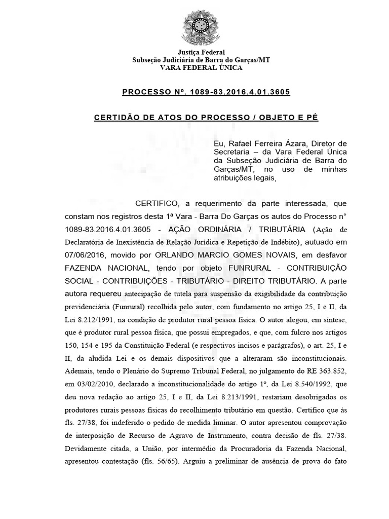 CERTIDÃO DE ATOS - OBJETO E PÉ - 1089-83.2016.4.01.3605 - Funrural | PDF | Governo | Direito Público