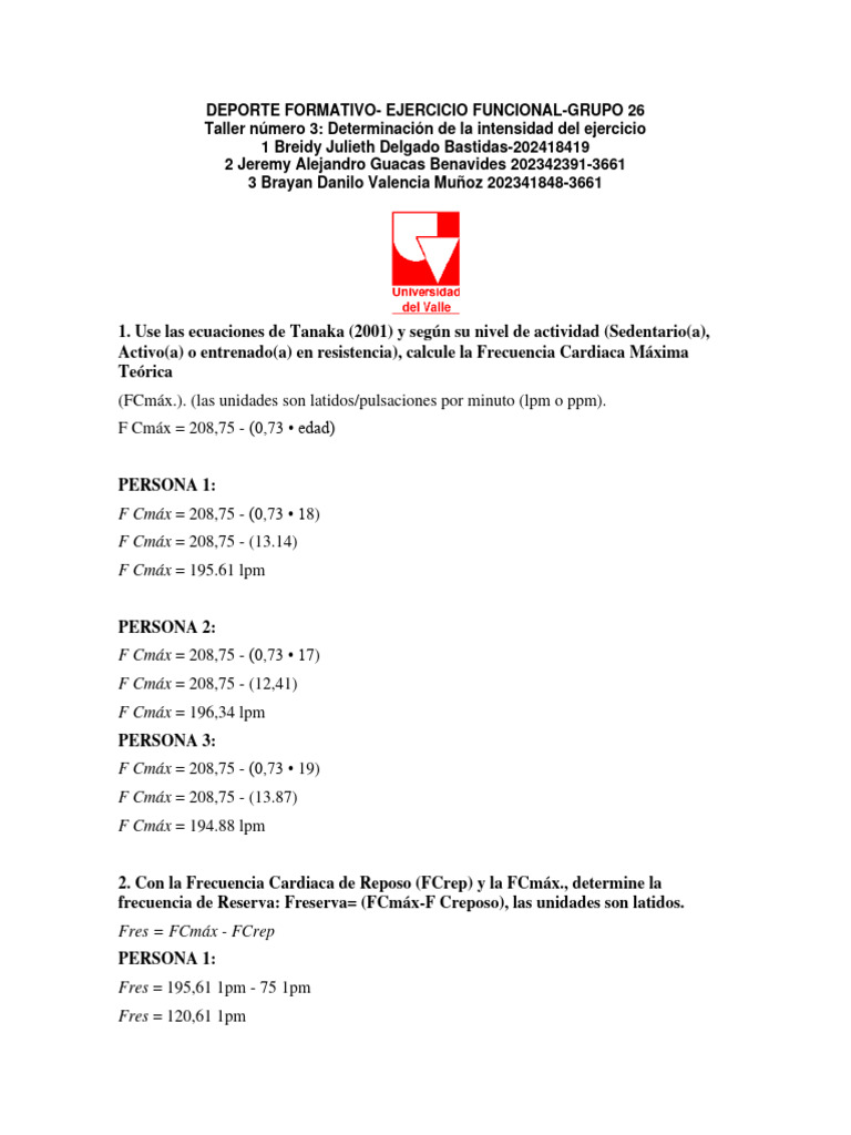 Taller intensidad en el ejercicio JEREMY GUACAS, BRAYAN VALENCIA, JULIETH DELGADO | PDF | Ritmo ...