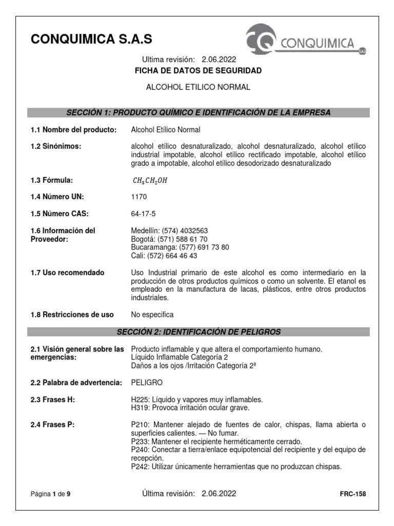 Alcohol Etílico Normal: Ficha de Seguridad | PDF | Ácido | Agua