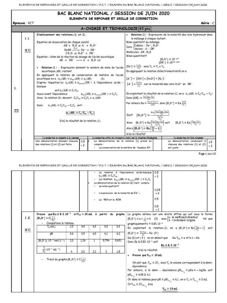Grille de correction Bac Blanc PCT 2020 | PDF | Réaction d ...