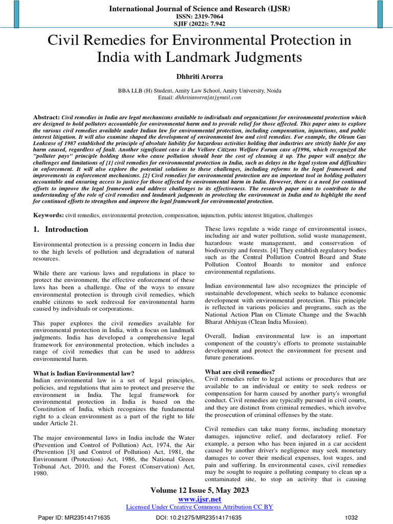 Civil Remedies for Environmental Protection in India | PDF ...
